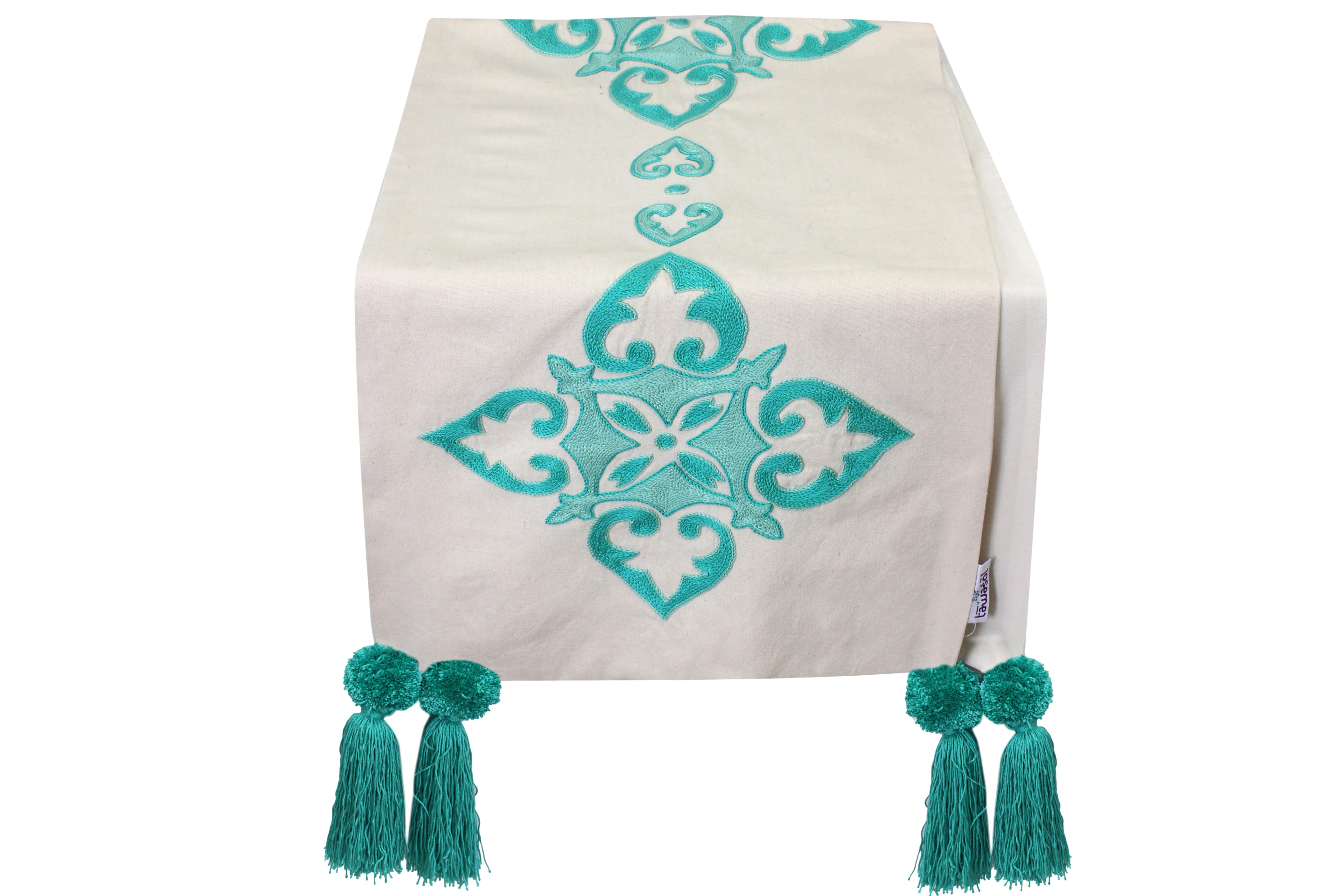 Hand-embroidered Arabesque table runner with pompoms in mint green ...